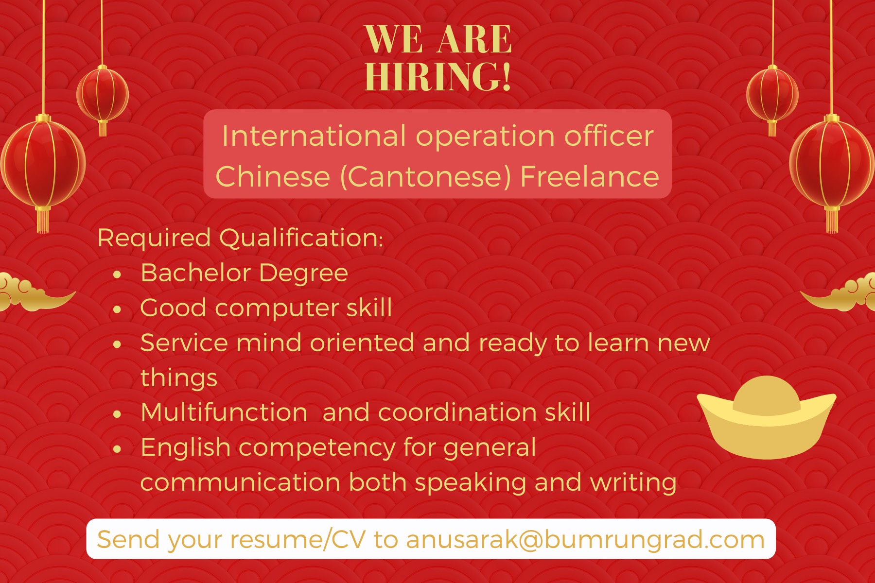 [Job] International operation officer Chinese (Cantonese) Freelance
